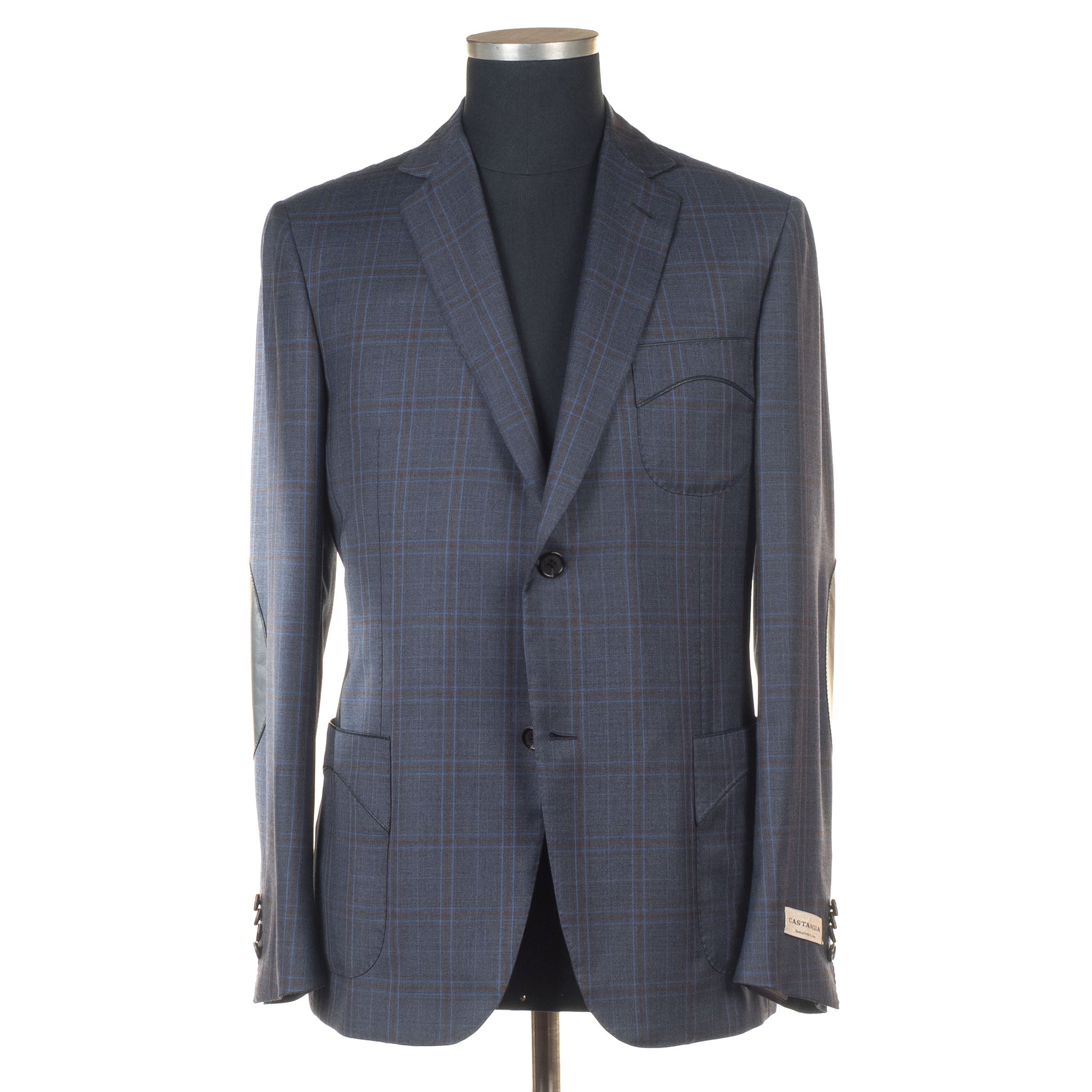 Castangia - Men's 130 Wool Sport Coat Blue with Brown Plaid and Leather ...